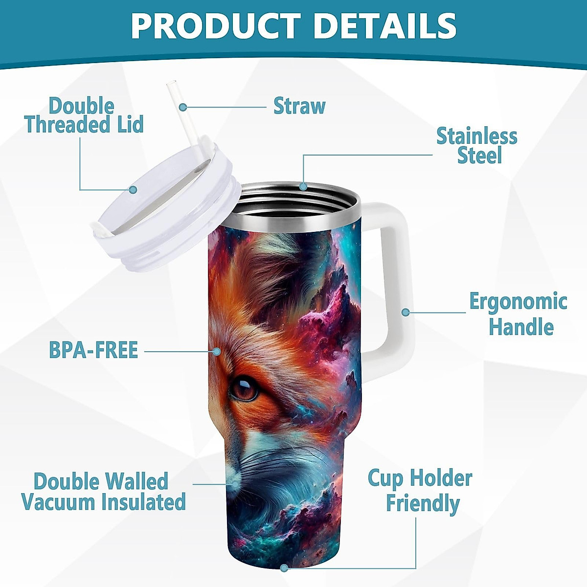 ALAZA Fox Head Galaxy 40 oz Tumbler Stainless Steel Water Bottle Vacuum Insulated Cup with Straw Lid & Handle For Travel Car Cup Holder