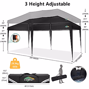 COBIZI 10x20 Pop up Canopy Tent with 6 Sidewalls, Waterproof Portable Outdoor Canopy 10x20 Ez up Instant Shelter Tent for Parties, Wedding, Backyard, Carport with Carry Bag, Stakes, Ropes, Black