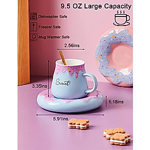 SISETOP Novelty Espresso Cups and Saucers, Ceramic Donut Mug, 9.5oz Creative Cute Cups, Unique Coffee Mug with Spoon for Gift, Kids, Adults, Birthday