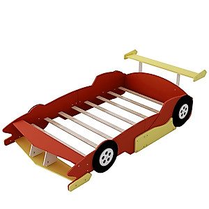 Full Size Race Car-Shaped Platform Bed with Wheels, Unique Wooden Car Bed Frame with Guardrails and Slat Support for Kids Boys Girls Teens Bedroom Furniture, No Box Spring Needed (Red-03, Full)