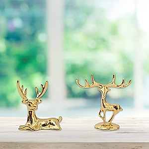 2PCS Mini Elk Metal High Texture Statue Fashion Classic Gold Good Luck Fortune Ornament for Car, Office Desktop, Bedroom, Wine Cabinet, Display Stand, Christmas Deer (Mini Couple Deer)