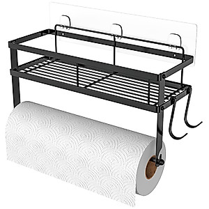 ESOW Paper Towel Holder with Shelf Storage, Adhesive Wall Mount 2-in-1 Basket Organizer for Kitchen & Bathroom, Durable Metal Wire Design, Stainless Steel 304 Matte Black Finish