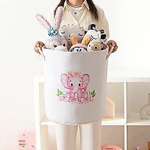 INough Extra Large Hamper for Baby Girl,Elephant Baby Hamper for Nursery, 58L Pink Laundry Basket Gift Bags for Girls Canvas Toy Storage Basket for Play Room Kids Room College Dorms Bedroom