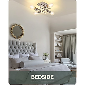 Eietonte Industrial 4-Light Semi Flush Mount Ceiling Light Fixture, Modern Brushed Nickel Chandelier Lighting, Farmhouse E26 Base Sputnik Ceiling Lamp for Kitchen Bedroom Living Room Hallway