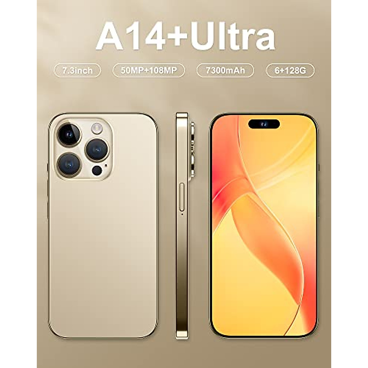 WV LeisureMaster A14 Pro Max 5G Unlocked Smartphone - 6GB+128GB Fully Unlocked Cell Phone for Android 11, 7.3", 7300mAh, 50MP+108MP Dual Camera（Gold）