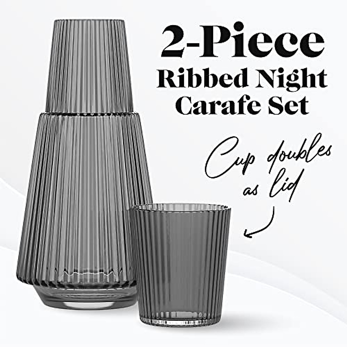 American Atelier Vintage Bedside Water Carafe with Tumbler – 37 Oz Ribbed Pitcher and Matching Drinking Glass Doubles as Lid for Guest Room, Office, or Gift, 4.5”x 9.25" (Gray)