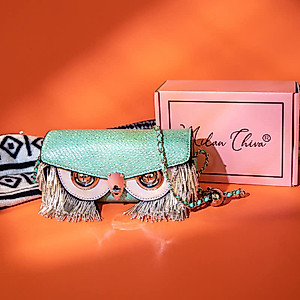 Designer Purse Owl Glitter Purse Beaded Fringe Crossbody Bags for Women Chain Shoulder Bag MC-1028GN