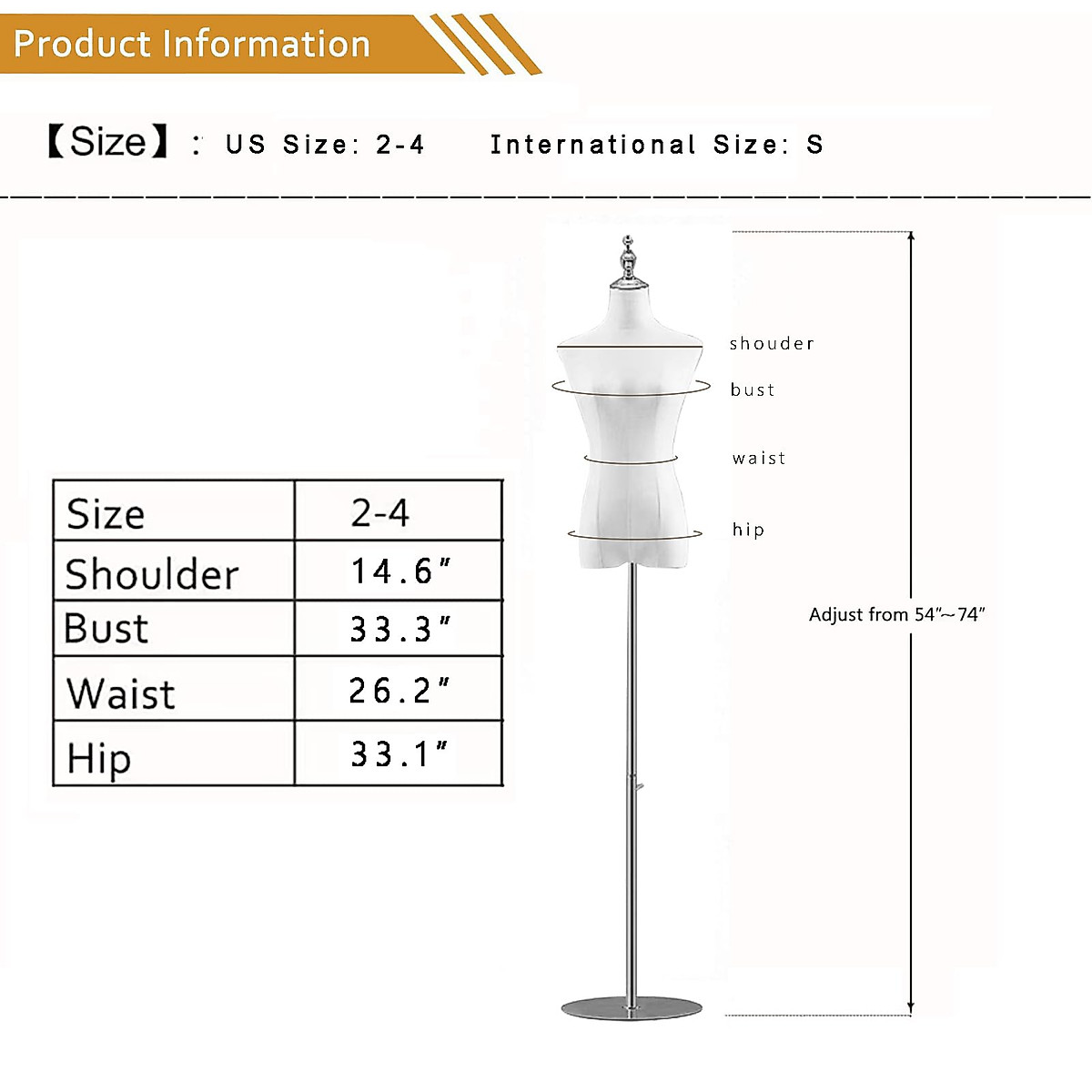 Female Mannequin Torso, Display Dress Form Mannequins, Size: S/2~4 55~75in Adjustable Height Wedding Dress Manikin Body, Stability Gold Metal Stand Table Maniquine for Clothing Jewelry Display