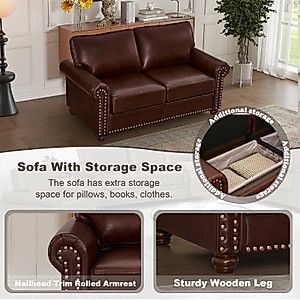 2 Piece Faux Leather Sofa Set,Modern Couch and Loveseat Sets with Storage,Mid Century Couch with Rivet Rolled Arm,Comfy Deep Seat Couch,Furniture for Living Room,Office(Loveseat+3 Seater,Burgundy)