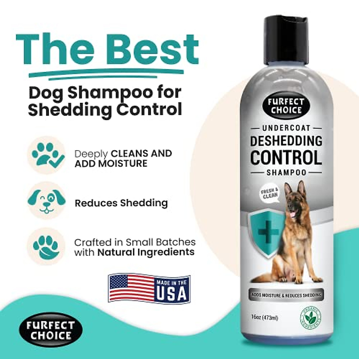Furfect Choice Undercoat Deshedding Control Dog Shampoo - Rich in Omega 3 & 6 - Infused with Vitamin E - Made in USA - 16oz