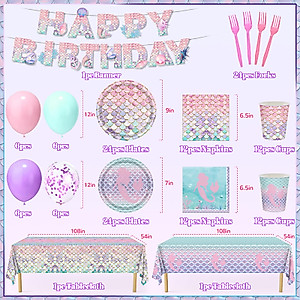 Mermaid Birthday Decorations, 147Pcs Mermaid Party Supplies-Serves 24 with Mermaid Plates and Napkins Tablecloth and Birthday Banner Balloons for Mermaid Theme Party Decorations