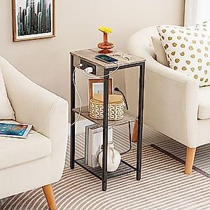 HOOBRO Tall End Table with Charging Station and USB Ports, 3-Tier Telephone Table, Small Entryway Table, Narrow Nightstand for Small Space in Living Room, Bedroom, Hallway, Rustic Brown BG09UDH01