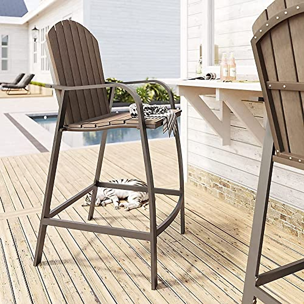 Crestlive Products Patio Wood Bar Stools Counter Height Chairs All Weather Furniture with Heavy Duty Aluminum Frame in Brown Finish for Outdoor Indoor, Pack of 2 (Brown)
