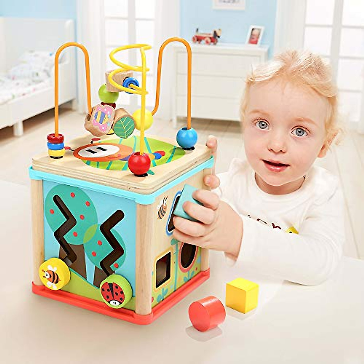 TOP BRIGHT Activity Cube Toys for 1 Year Old Boy Girl, Montessori Wooden Toys for Toddlers, One Year Old First Birthday Gift, Baby Toy for 12-18 Months with Bead Maze Shape Sorter