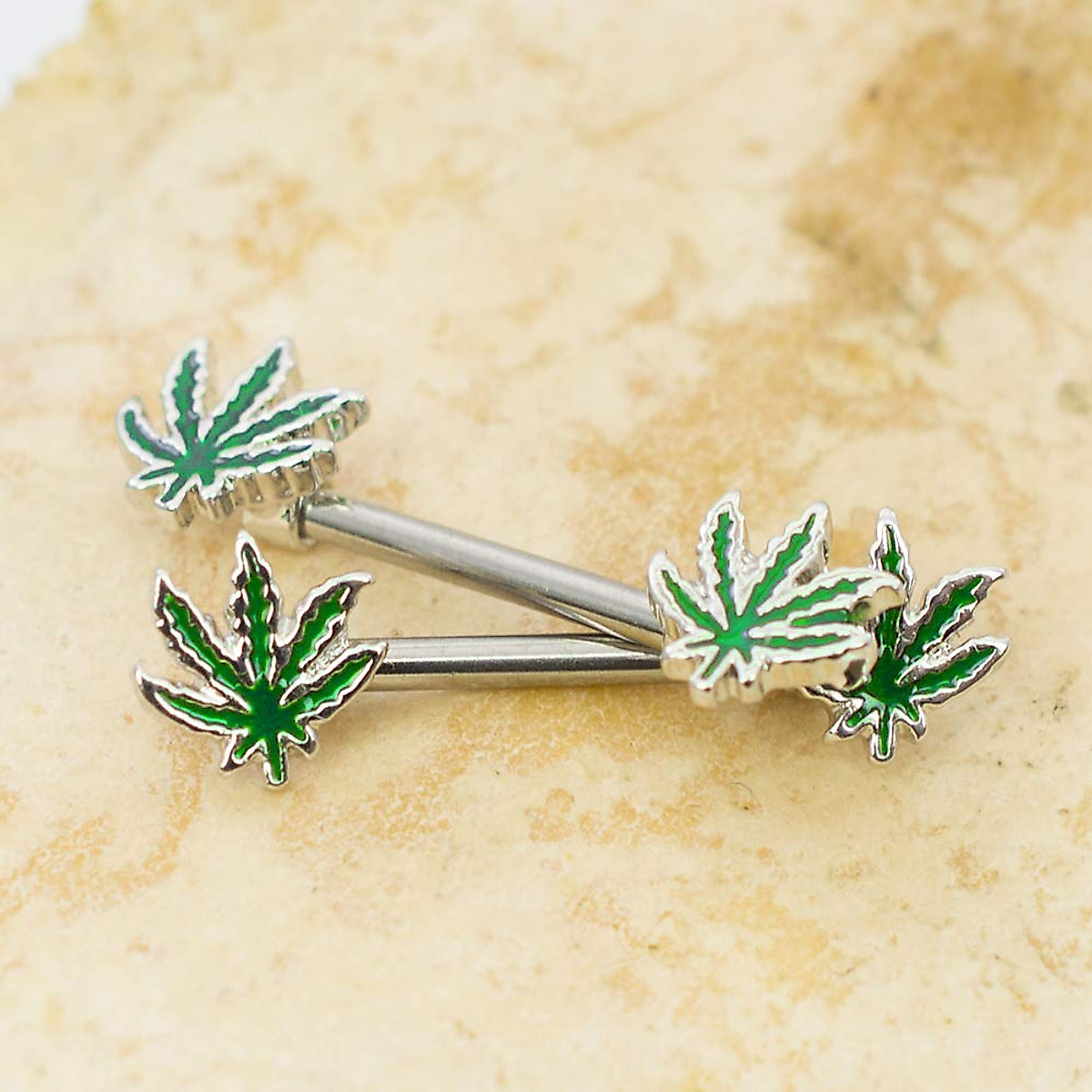 Luxe Modz Marijuana Weed Leaf Nipple Rings 14G Surgical Steel Nipple Ring Barbell Nipple Piercing Jewelry for Women 14mm - 9/16" Barbell Pot Leaf Green Nipplerings (Set of 2)