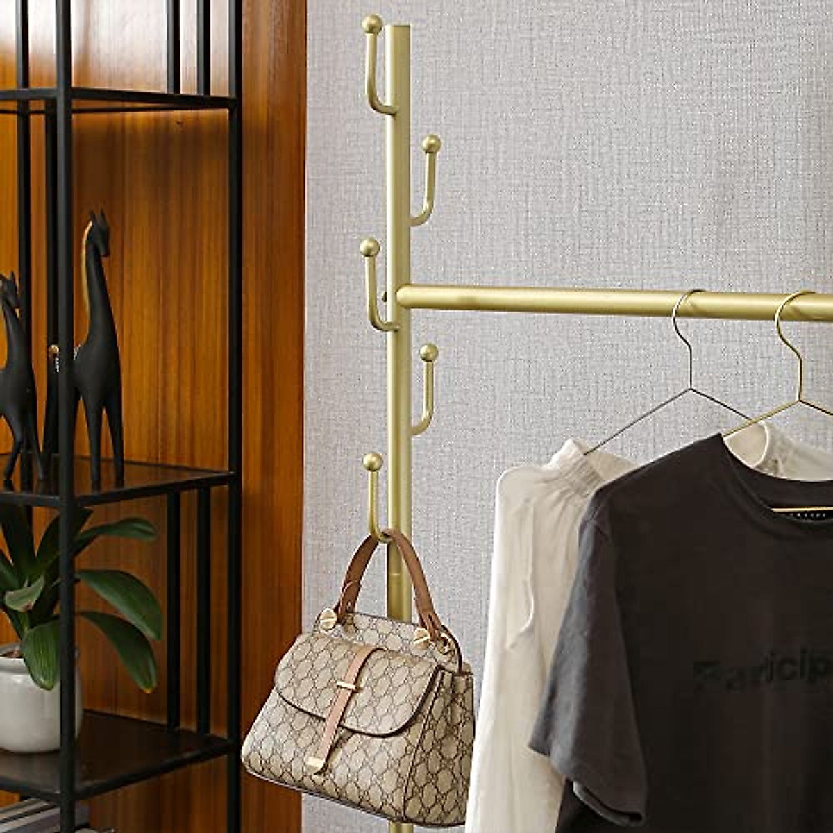 BOTAOYIYI Gold Clothing Garment Rack with Lockable Wheels, 3-in-1 Rolling Clothes Rack for Hanging Clothes, 5 Side Hooks and Bottom Shelves Organizing Clothes,Shoes,bags,hats