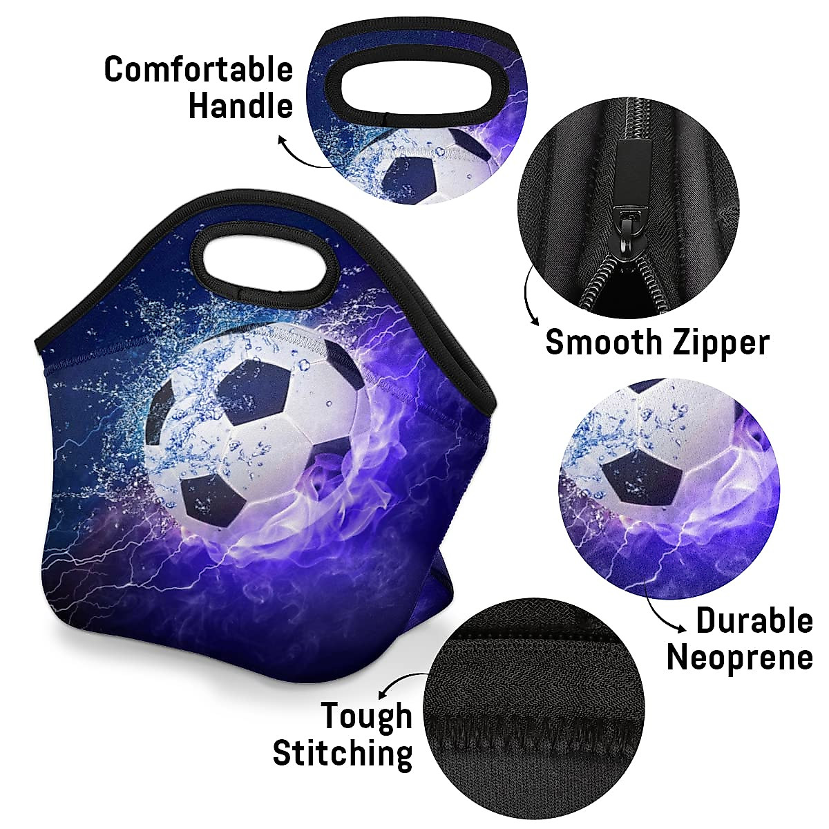 Insulated Neoprene Lunch Bag for Women Men Kids Purple Soccer Ball Sport Football Lunch Box Reusable Small Lunch Tote Bag Cooler Bag for School Work Picnic