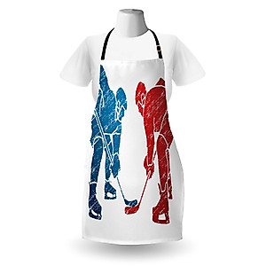 Lunarable Sport Apron, Hockey Players Hobby Activity Themed Athletes Game Win Champion Olympics Illustration, Unisex Kitchen Bib with Adjustable Neck for Cooking Gardening, Adult Size, Blue Red
