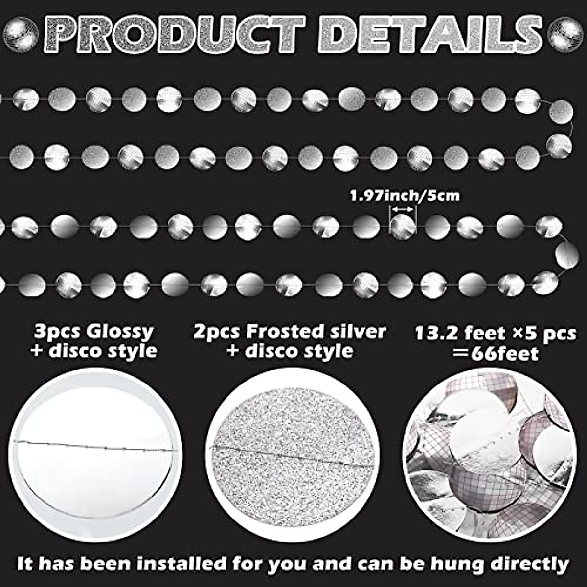 5 Pcs Glitter Disco Party Garland Silver Circle Dots Garland Hanging Streamer Backdrop Holographic Disco Ball Garland 70s 80s 90s Birthday Party Decorations Bachelorette Prom Banner for Bridal Shower