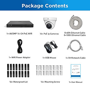 GWSECU 4K 16 Channel PoE Home Security Camera System, 4K/8MP Video Surveillance NVR with 4TB HDD, 16PCs 5MP 2.8mm 110° Wide Angle Person Detection IP Dome Cameras Business 24/7 Audio Recording