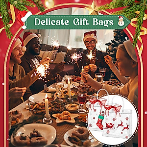 Henoyso 24 Pcs Christmas Clear Gift Bags with Handles Plastic Xmas Candy Treat Bags with Ribbon 7.8 x 7.8 x 3.1 PVC Gift Wrap Totes for Retail Wedding Birthday Party Favors(Red)