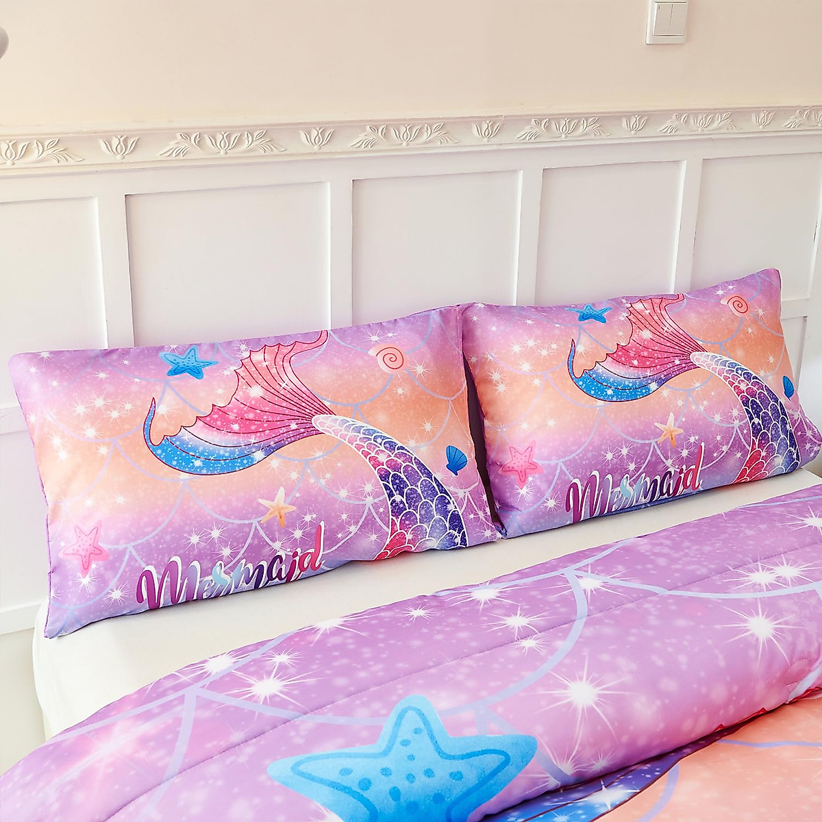 ZRNBAST Twin Size Mermaid Tail Comforter Set for Girls 3 Pcs Purple Orange Blue Bedding Set for Kids Soft Lightweight Gradient Glitter Bed Set for All Season(Twin, Orange)