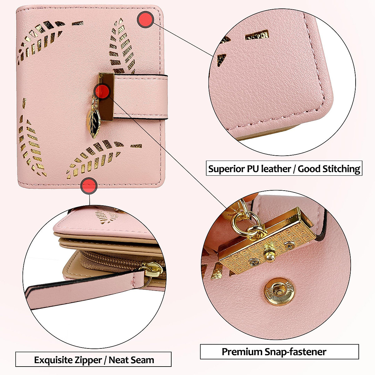 VODIU Women's Short Purse Leather Medium Wallet Leaf Bifold Card Coin Holder Small Purses Buckle Zipper Clutch