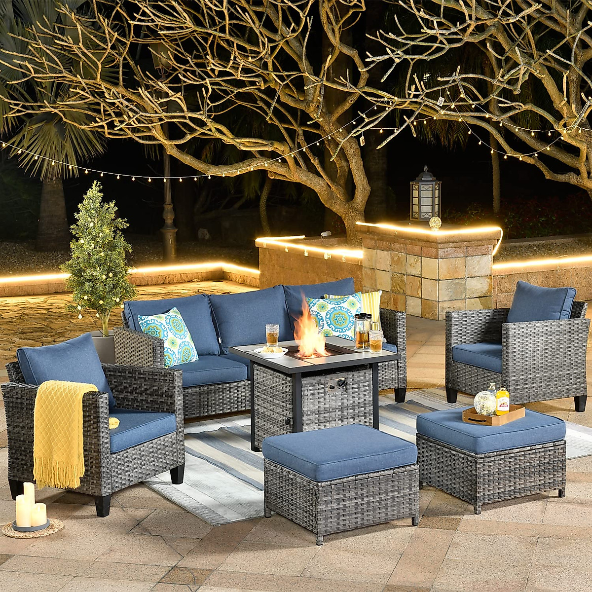 ovios Patio Furniture Set, 6 Pieces Outdoor Conversation Set with 30 Inch Gas Fire Pit Table Modern Wicker Rattan Sofa Set with Comfortable Cushion, Ottomans, Denim Blue