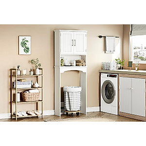 GarveeHome Over The Toilet Storage Cabinet, Double Door Bathroom Storage Organizer with Anti-Tip Device, Small Freestanding Space Saver with Open Shelf，White