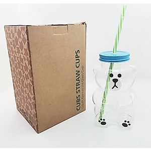 Kawaii Bear Sippy Cup 19oz Clear Bear Glass Cup with Lid and Straw Cute Kawaii Bear Glass Bottle Mug for Juice Milk Tea Smoothies Infused Water Beverage Food Grade Microwave Safe (Smiling Bear)
