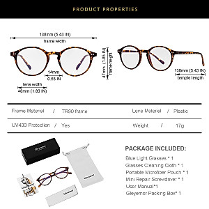 Gleyemor Blue Light Glasses for Men Women, Vintage Round Bluelight Blocking Computer Screen Protection Glasses (Tortoise)