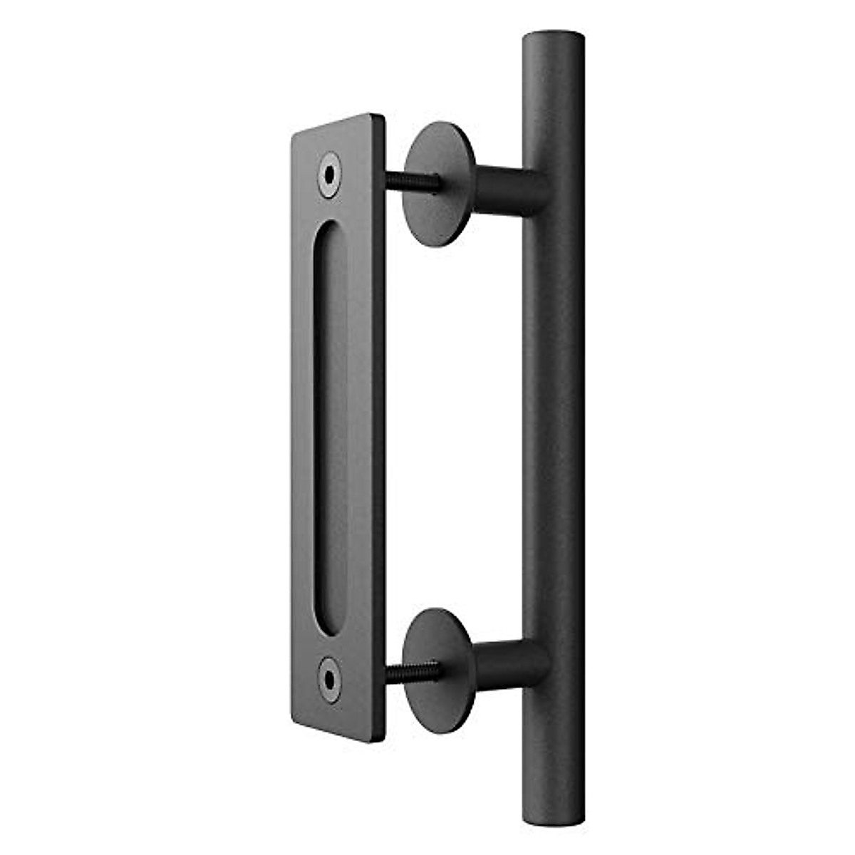 Genius Iron 12 Inch Sliding Barn Door Handle, Pull and Flush Hardware Set, Solid Cast Iron Rustic Style, Black