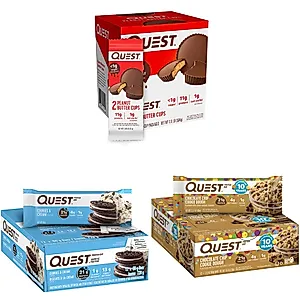Quest Nutrition High Protein Low Carb, Peanut Butter Cups, 12 & Cookies & Cream Protein Bars, 12 Count & Chocolate Chip Cookie Dough Protein Bars, 12