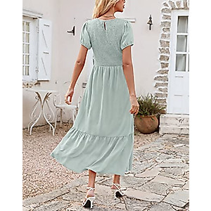 Annebouti 2023 Women's Summer Puff Short Sleeve Dress Modest Flowy A Line Ruffle Tiered Long Casual Smocked Maxi Dress with Pockets Solid Light Green S