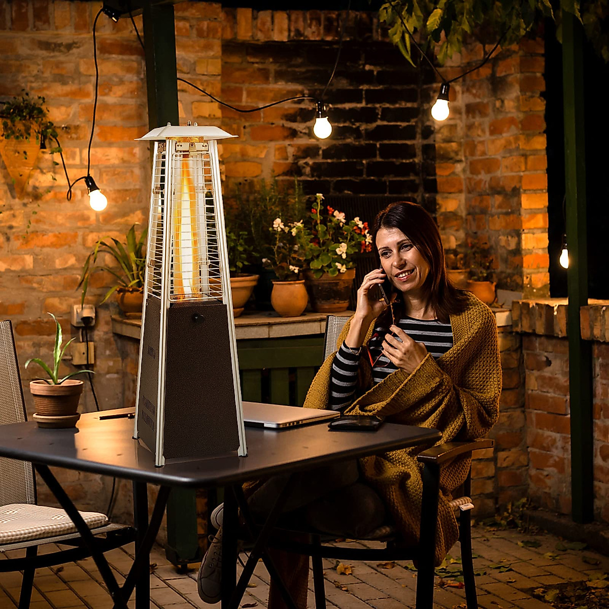 Giantex Pyramid Patio Heater, 9500 BTU Tabletop Portable Propane Heater w/Glass Tube, Simple Ignition System, Dancing Flame, CSA Certification, 35" Outdoor Electric Heater for Backyard Garden, Bronze