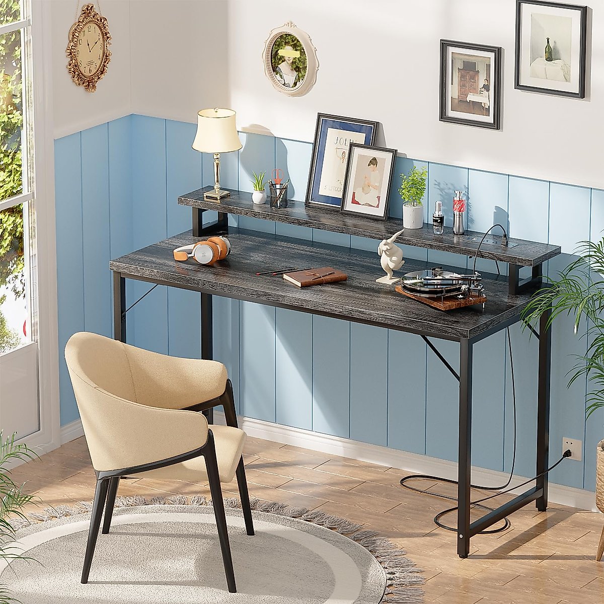 iSunirm 47 inch Computer Desk with Power Outlets, Gaming desk with LED Lights, Home Office Work Desk with Monitor Shelf, Modern Office Desk Study Writing Table for Small Spaces, Black Oak