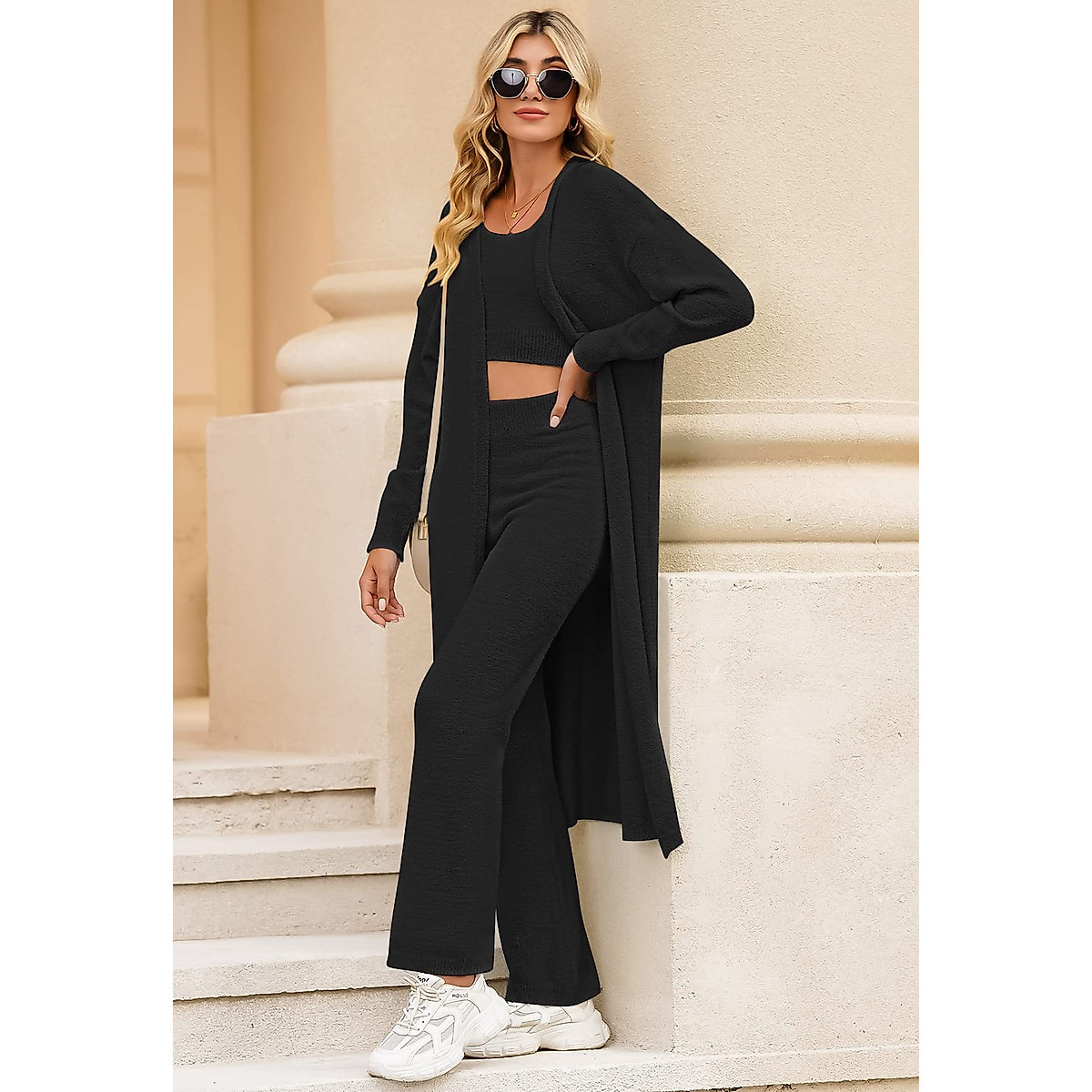 Linsery 3 Piece Sexy Fuzzy Outfit for Women Sherpa Jacket Coat and Crop Top Wide Leg Pants Lounge Set Cozy Fleece Tank Top and Pants Pajamas Black S