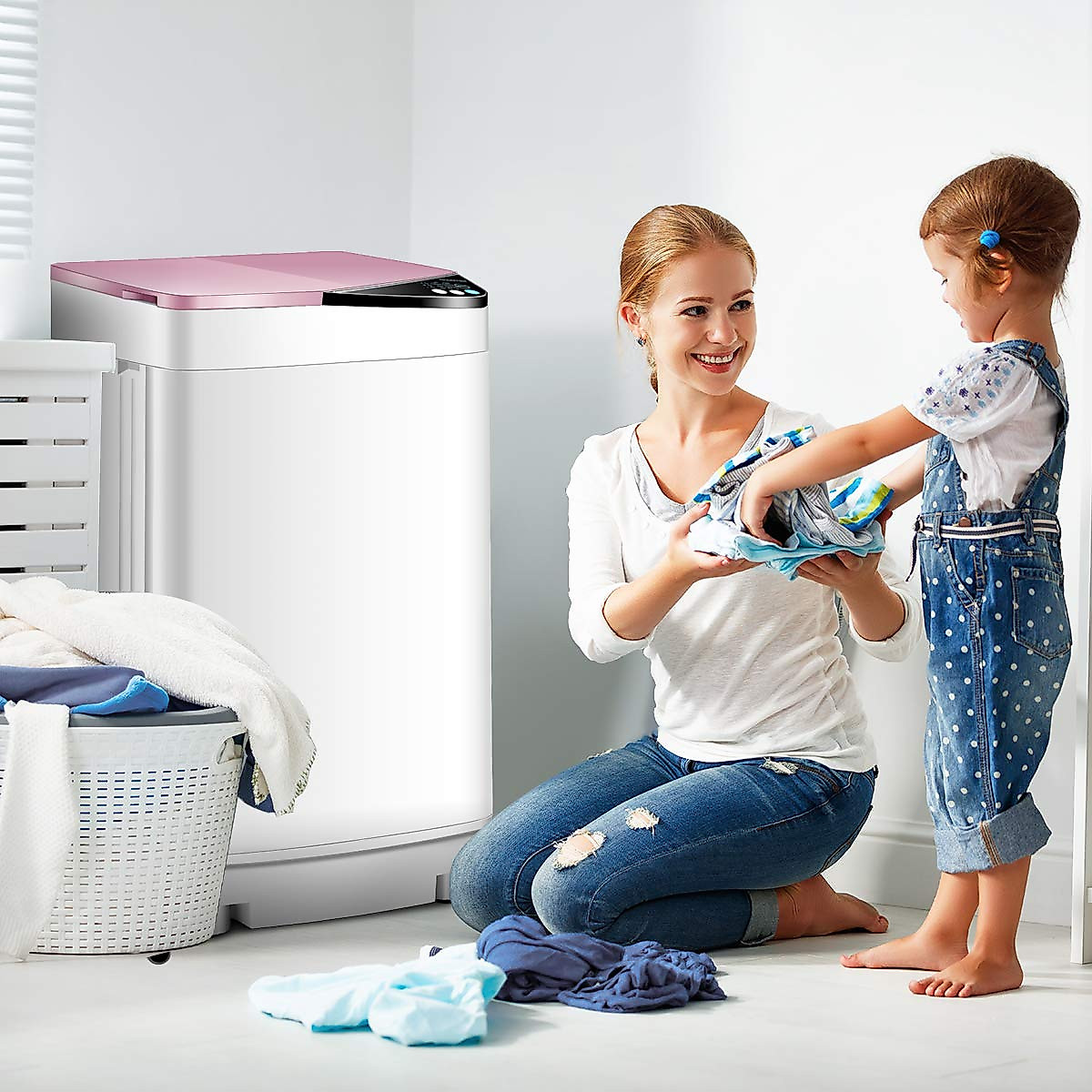 SAFEPLUS Full-Automatic Portable Washing Machines, 7.7 lbs Load Capacity Mini Washer Machine with Spin and Built in Barrel Light for Dorms Apartments RV and Camping（Pink)