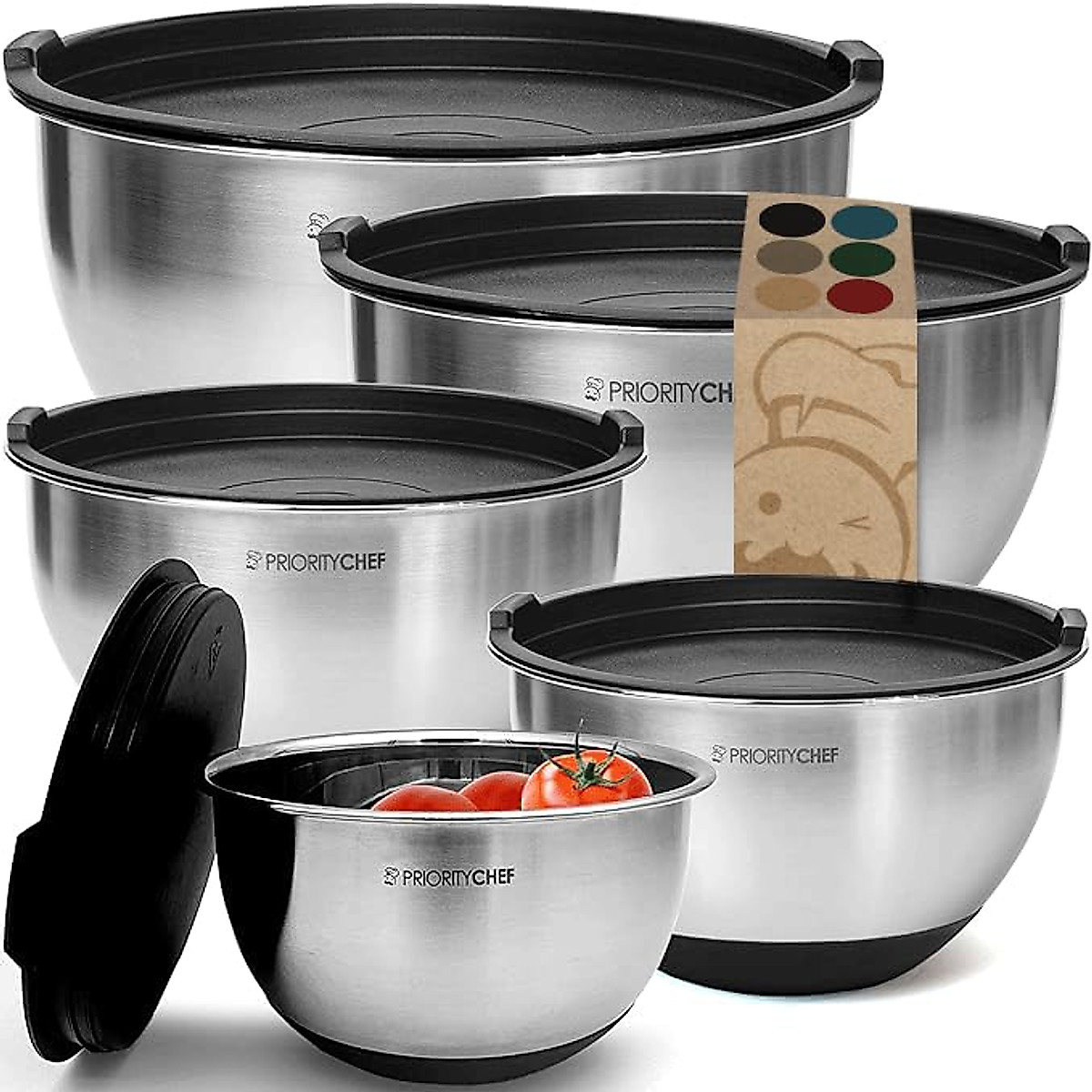 Priority Chef Premium Stainless Steel Mixing Bowls With Airtight Lids - Thick Metal Nesting Bowls for Kitchen, 1.5/2/3/4/5 Quart, Black