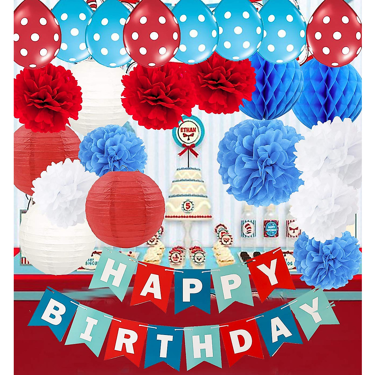 Qian's Party Dr. Seuss Cat in the Hat Birthday Party Decorations/Thing One and Thing Two Birthday Decorations/Dr Seuss Baby Shower Decorations Turquoise White Red HAPPY BIRTHDAY BANNER /