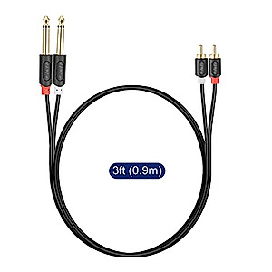 J&D Dual 1/4 inch TS to Dual RCA Stereo Audio Interconnect Cable, Gold Plated Audiowave Series 2 x 6.35 mm Male TS to 2 RCA Male PVC Shelled Adapter Cable, 3 Feet