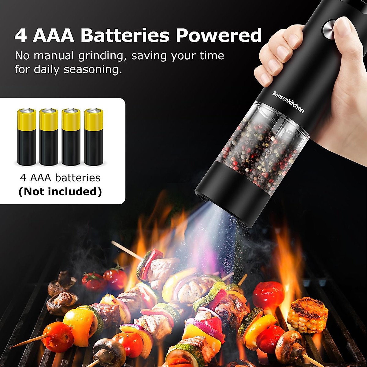 Bonsenkitchen Electric Salt and Pepper Grinder Set, Battery Operated(Not Included),2 Pack Automatic Salt & Pepper Mill Shakers with LED Light, Adjustable Coarseness, Storage Base, 95ml Large Capacity