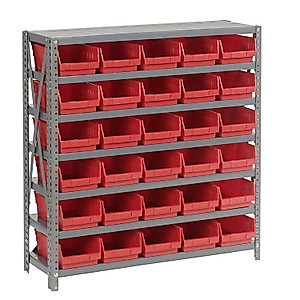 Global Industrial 7 Shelf Steel Shelving with (30) 4" H Plastic Shelf Bins, Red, 36x12x39