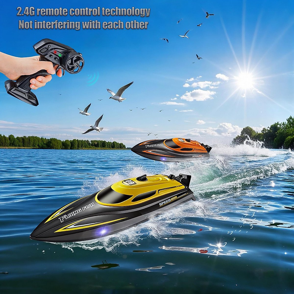 RC Boat with 2 Rechargeable Battery, 20+ MPH Fast Remote Control Boat for Pools and Lakes, 2.4G RC Boats Pool Toys for Adults and Kid (812-Orange)
