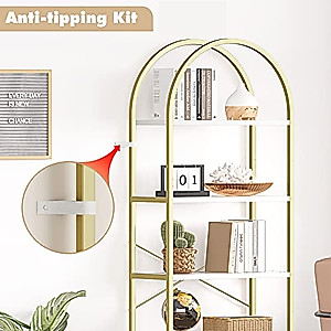 IDEALHOUSE Bookshelf 5 Tier Bookcase Arched Display Racks Tall Standing Bookshelves Metal Frame Modern Storage Rack Shelf Large Wood Book Shelf for Bedroom, Living Room, Home Office, White/Gold