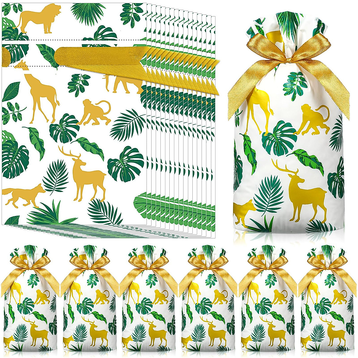 50 Pcs Jungle Animal Treat Bags Green Gold Safari Animal Palm Leaves PE Plastic Candy Goodie Bags Safari Party Favor Bags with Gold Drawstring Ribbons for Wild Jungle Baby Shower Birthday Party Favors
