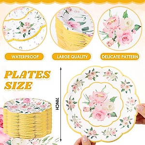 Pickmesh 60 Pcs Floral Paper Plates 7 Inches Floral Party Plates Pink Floral Disposable Dinner Plates Gold Foil Edge Paper Plate Tea Party Decoration for Baby Shower Bridal Shower Birthday Wedding