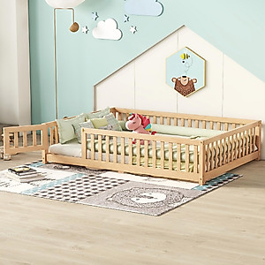 CITYLIGHT Full Size Floor Bed with Rails, Wood Montessori Floor Bed Full with Support Slats, Kids Full Bed Frame with Door Design for Boys,Girls, Natural