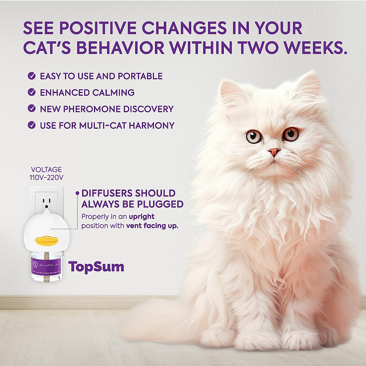 TopSum Cat Calming Diffuser Refills: 4 Pack Cat Pheromones Calming Diffuser Refill - Premium Cat Calming Diffuser Refill - Cat Pheromones for 4-Month Use, Cat Anxiety Relief, 4 Pack (Light Purple)
