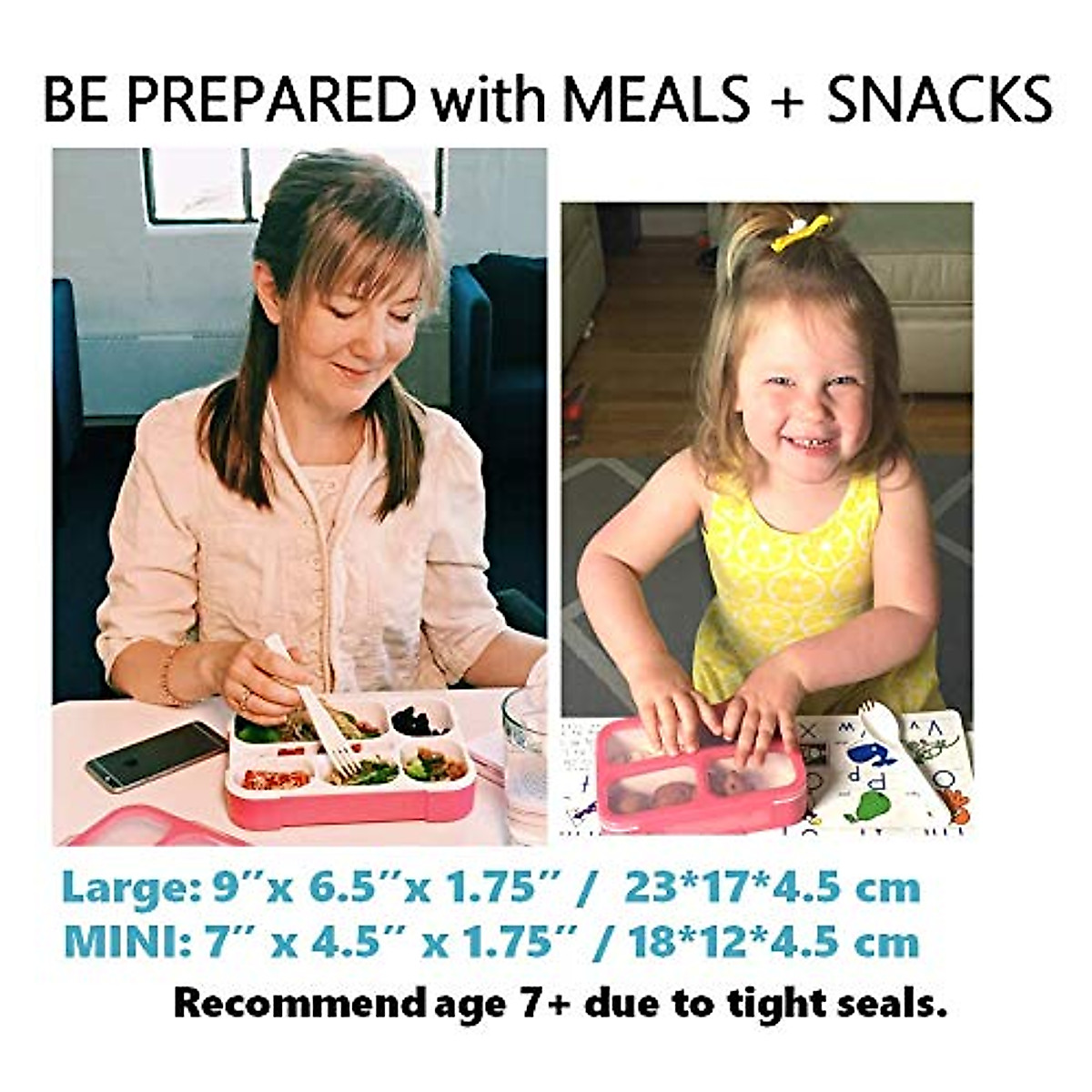 Bento Lunch Box and MINI Snack Container Set for Kids Women | Small and Large Leakproof Boxes for Lunches at Work School Daycare | Divided Portion Containers for Girls Teens Toddlers, Pink…